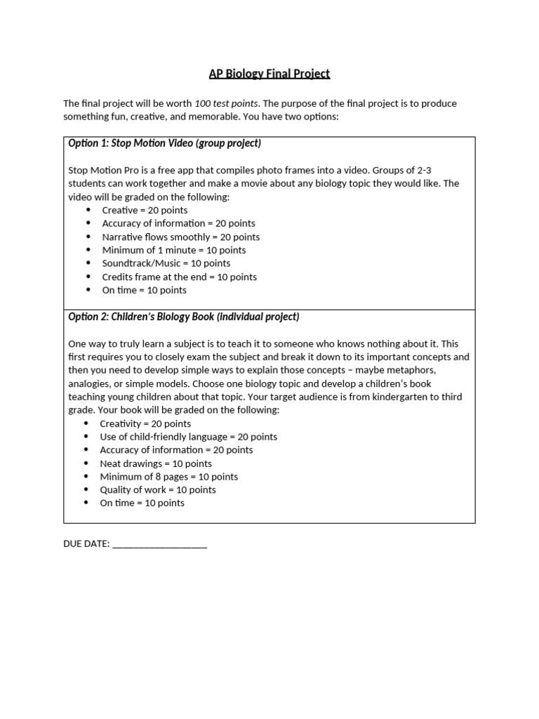 AP Biology Final Project Guidelines | PDF