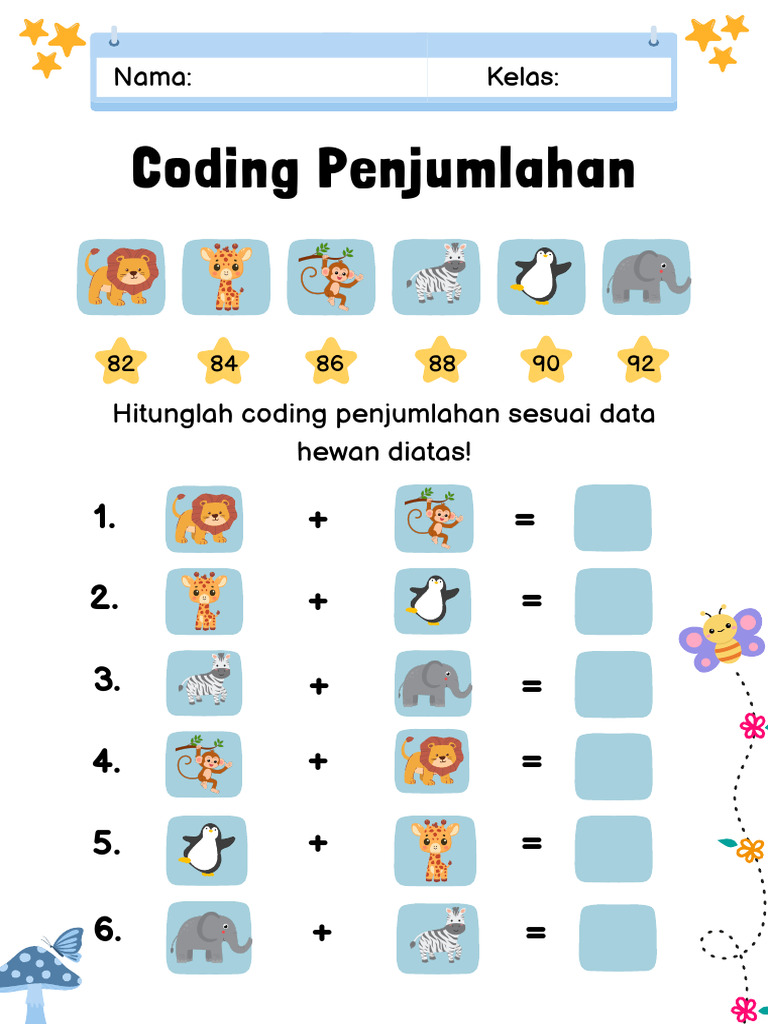 Lembar Kerja Putih Dan Hitam Tema Coding Penjumlahan Gaya Ilustratif | PDF