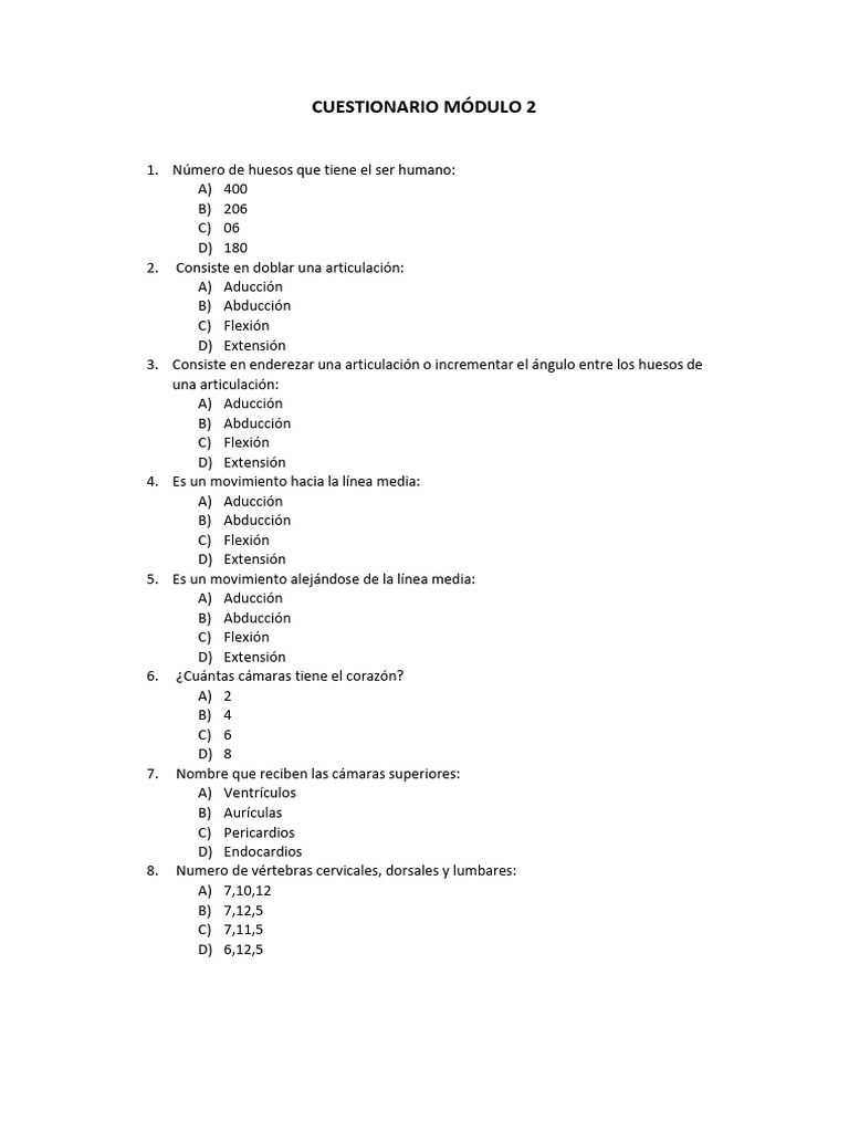 Cuestionario Mã Dulo 2 | PDF | Abdomen | Tórax