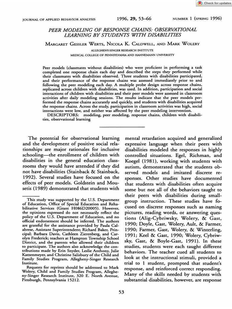 J of App Behav Analysis - Spring 1996 - Werts - Peer Modeling of Response Chains Observational ...