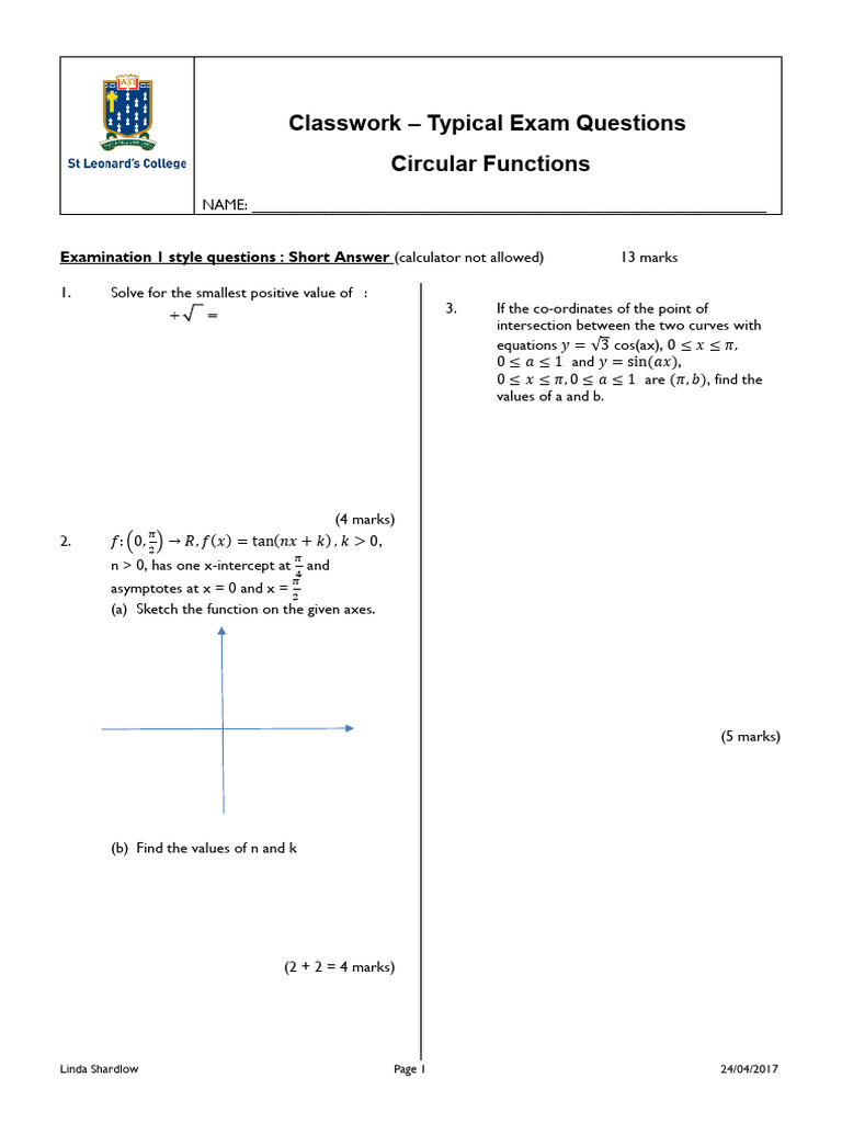 Typical Exam Questions Circular Functions1 | PDF | Pi | Trigonometric ...
