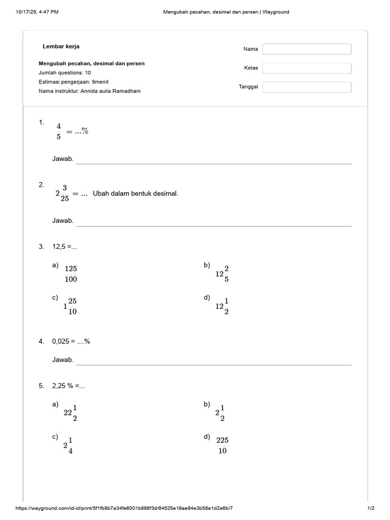 Quizizz - Mengubah Pecahan, Desimal Dan Persen | PDF