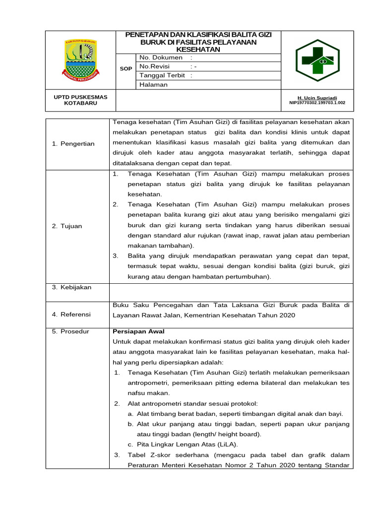 Sop Penetapan Dan Klasifikasi Balita Gizi Buruk Di Fasyankes | PDF