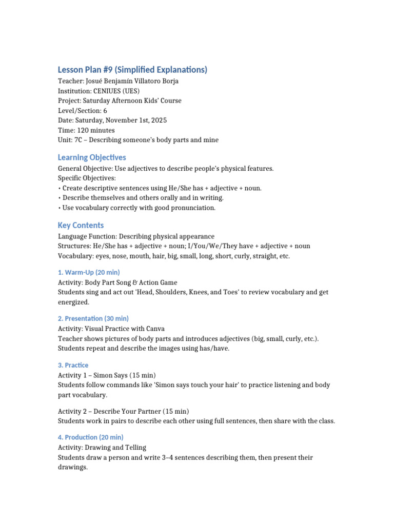 Lesson Plan: Describing Body Parts | PDF