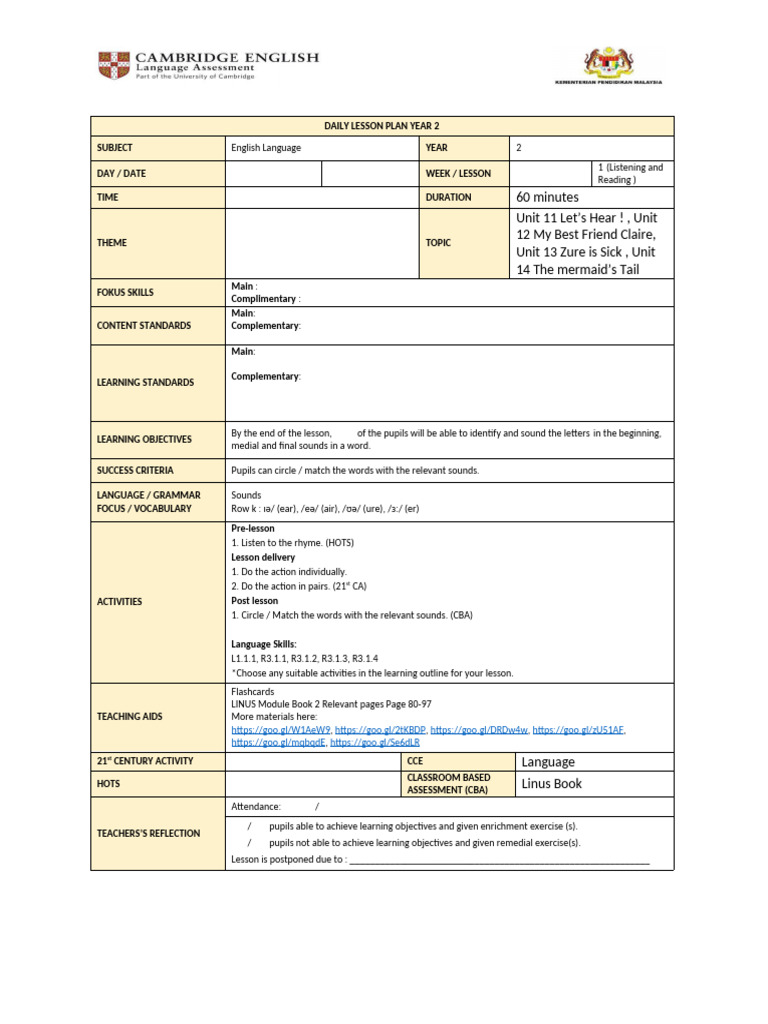 RPH Bi Year 2 Lp1 11 Phonic | PDF | Lesson Plan | Teachers
