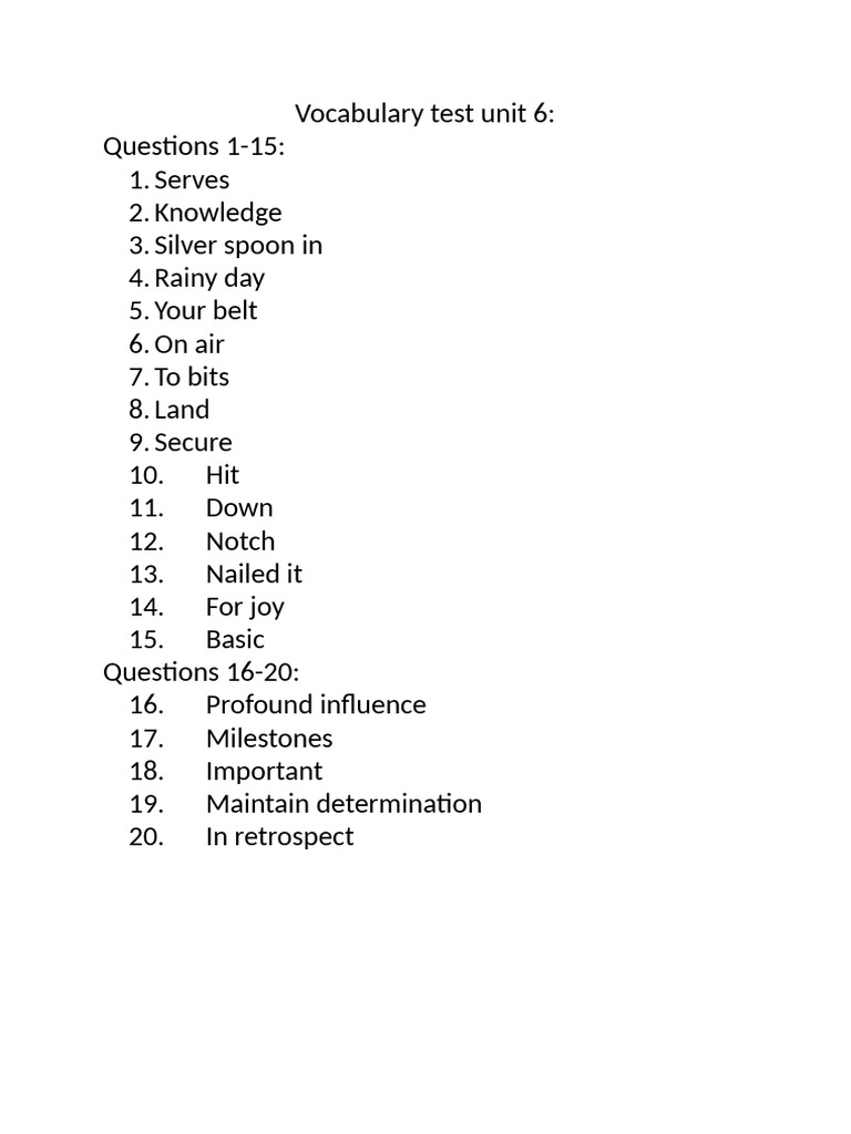 Vocabulary Test Unit 6 Questions | PDF