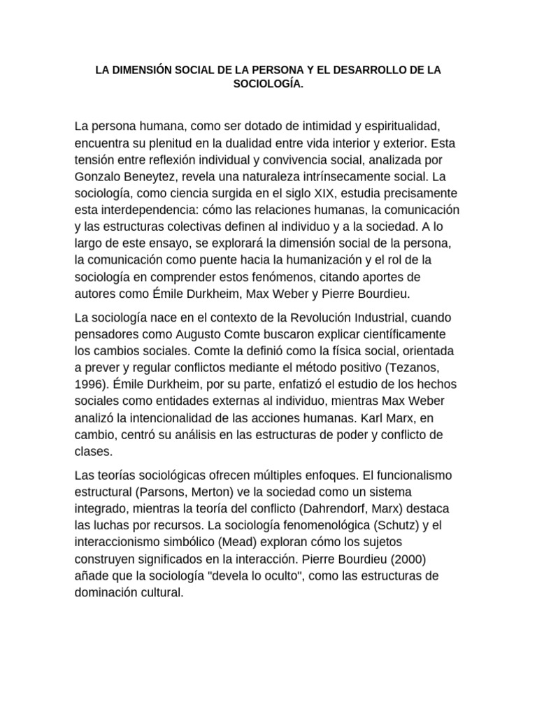 La Dimensión Social de La Persona y El Desarrollo de La Sociología ...