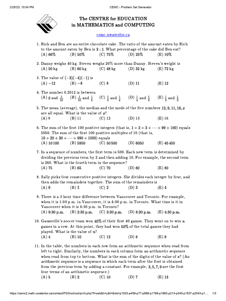 CEMC - Problem Set Generator 2 | PDF | Summation | Numbers
