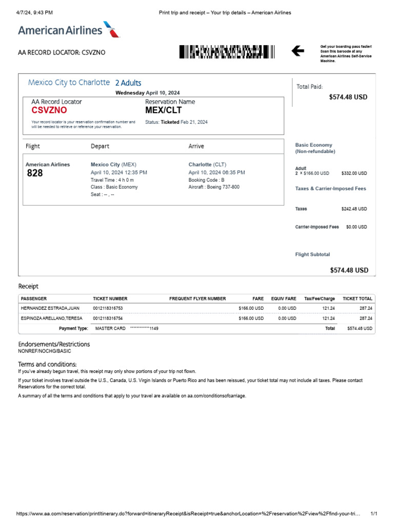 Print Trip and Receipt - Your Trip Details - American Airlines | PDF ...