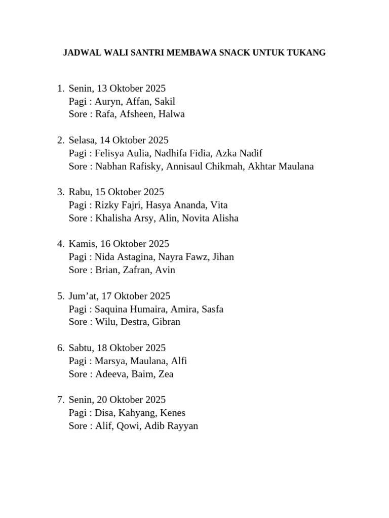 Jadwal Wali Santri Membawa Snack Untuk Tukang | PDF