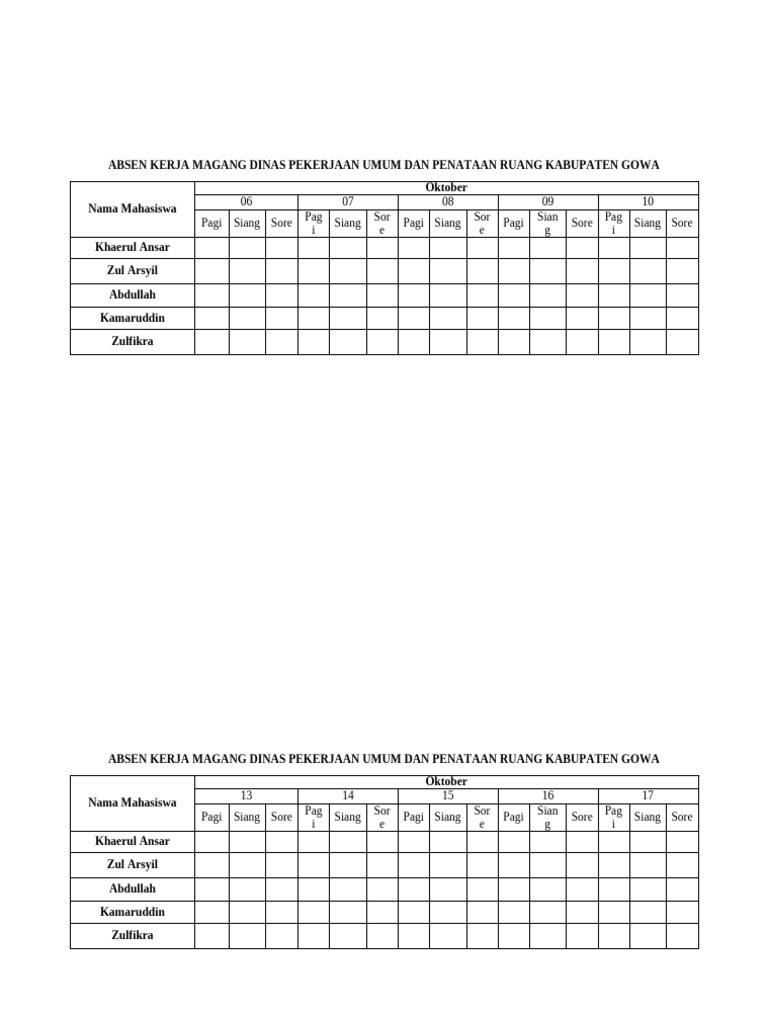 Absen Magang Dinas PU Gowa Oktober | PDF