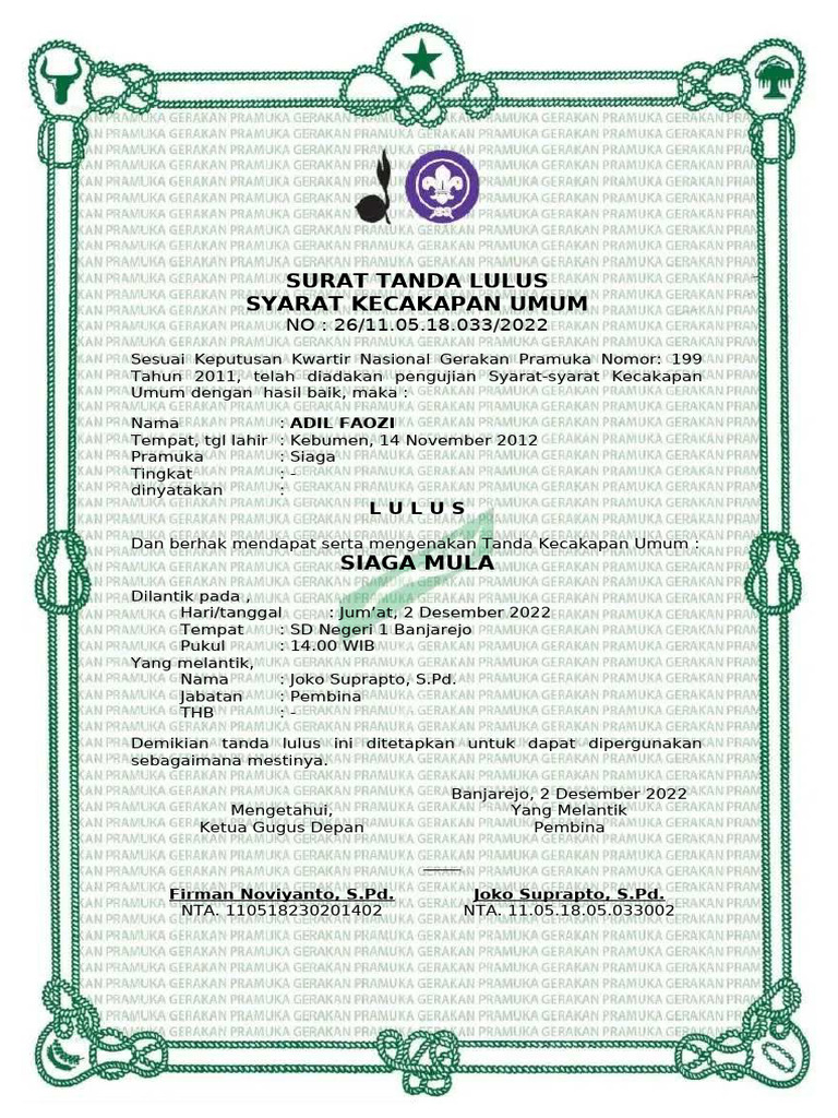 Surat Tanda Lulus SKU Siaga Mula | PDF