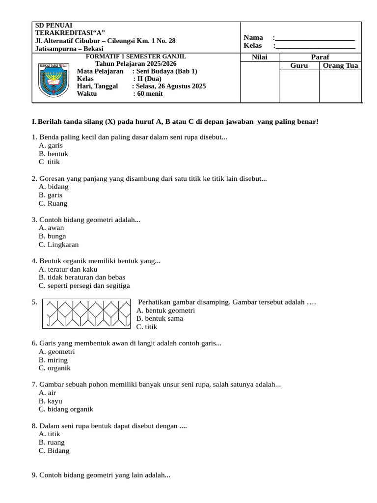 Soal PH 1 Seni Budaya Kelas 2docx | PDF