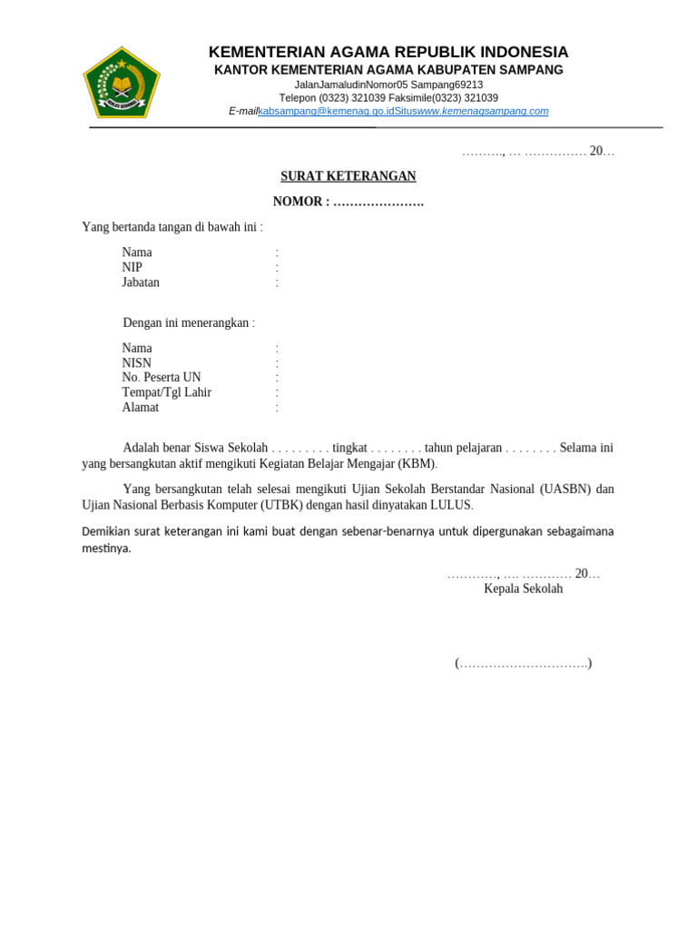 Surat Keterangan Lulus Siswa Sekolah | PDF