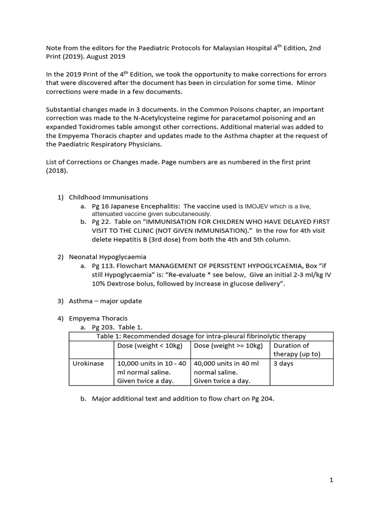 Paediatric Protocol 4th Edition 2019-List of Changes - Updates | PDF ...