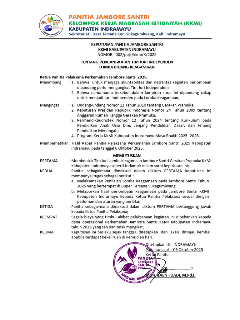SK Tim JURI LOMBA KEAGAMAAN Jambore Santri 2025 | PDF