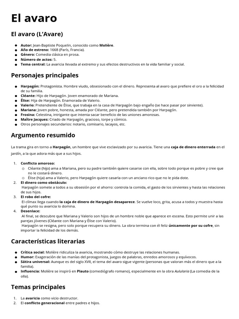 El Avaro | PDF | Molière | Comedia