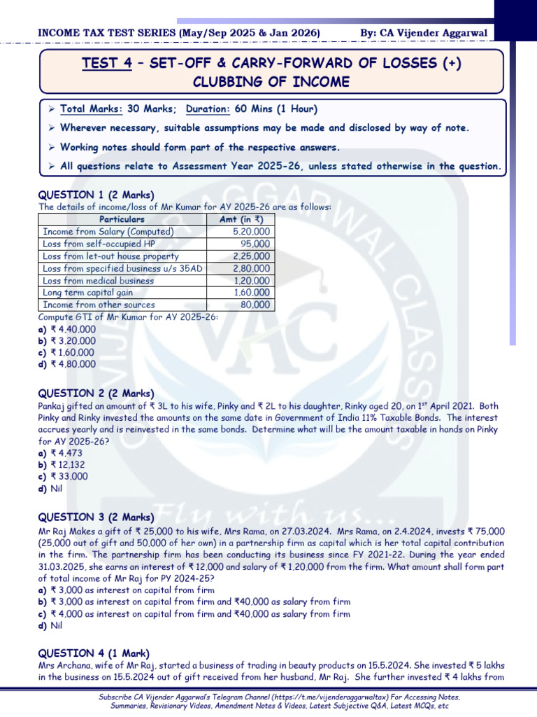 Income Tax Test Series 2025-26 Questions | PDF | Income | Capital Gain