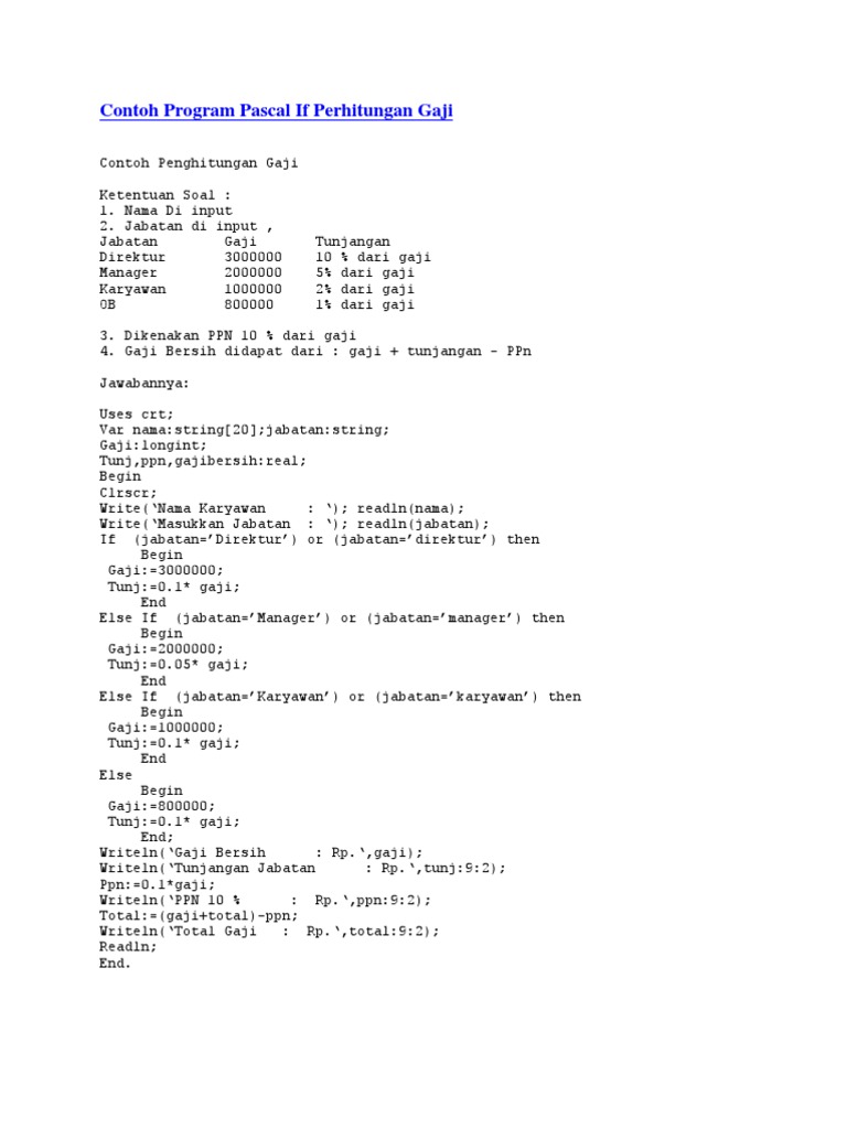 Contoh Program Pascal If Perhitungan Gaji | PDF