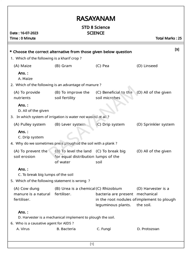 8th Science Ch.1, 2 - Solution | PDF | Fertilizer | Manure