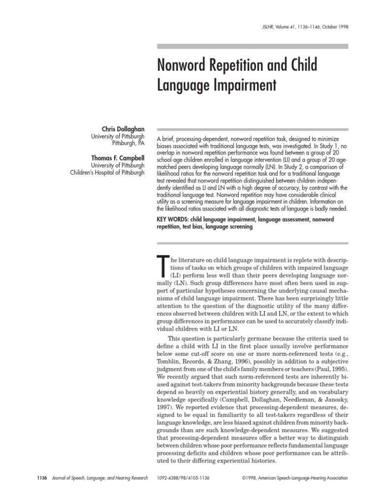 Nonword Repetition in Language Impairment | PDF | Sensitivity And ...