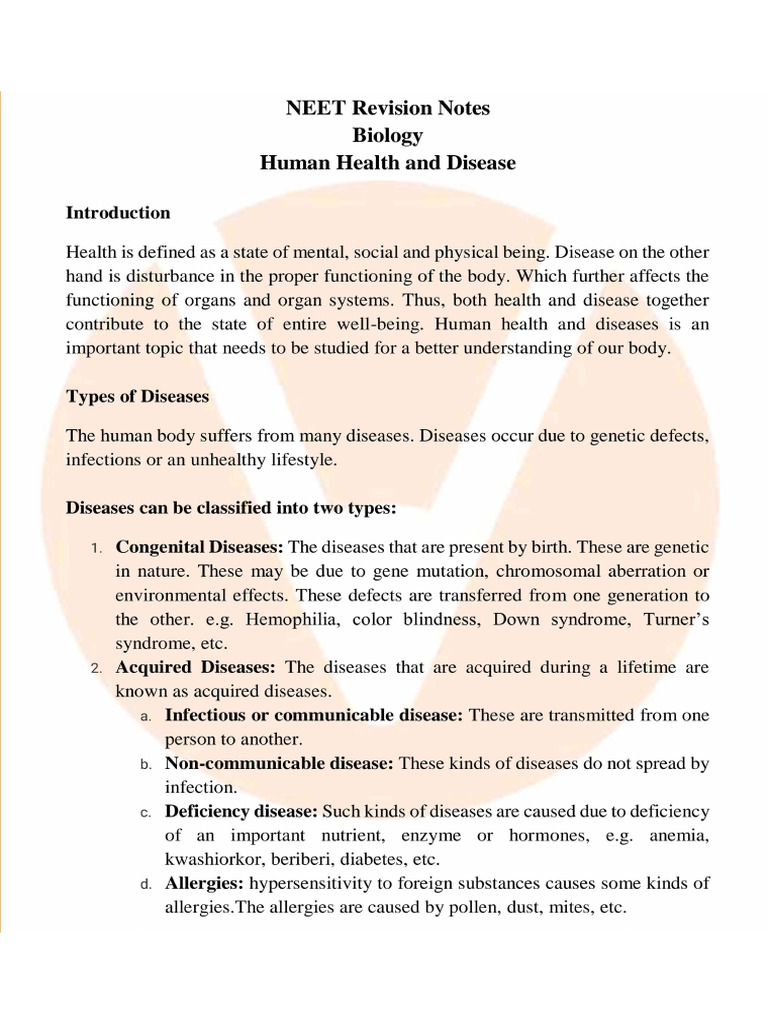 Neet Human Health and Disease Revision Notes | PDF