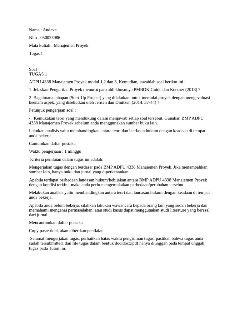 Tugas 1 Andeva Manajemen Proyek | PDF