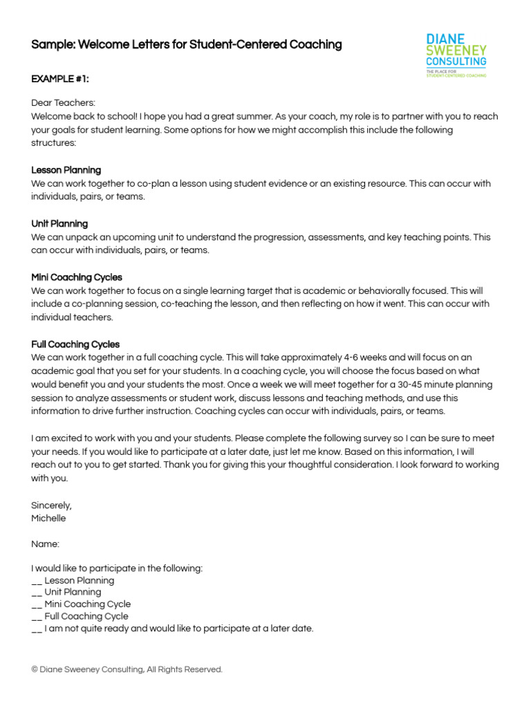 Sample Welcome Letters For Student Centered Coaching | PDF | Teaching ...