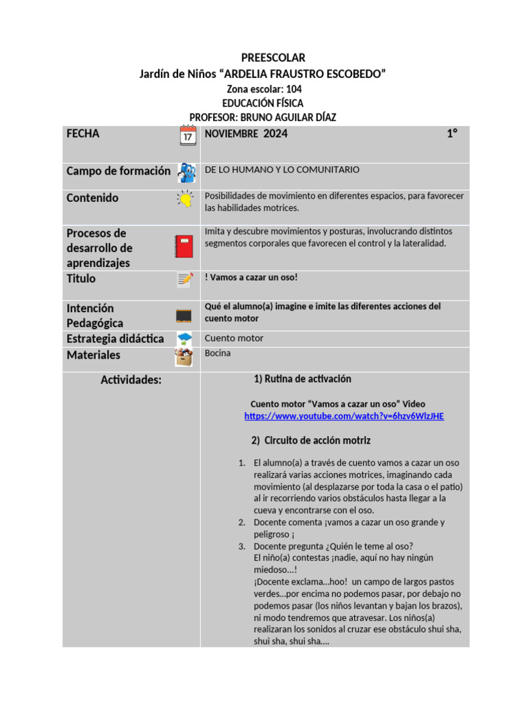 PLAN Cuento Vamos A Cazar Un Oso 1° ARDELIA Nov 2024 | PDF | Educación ...