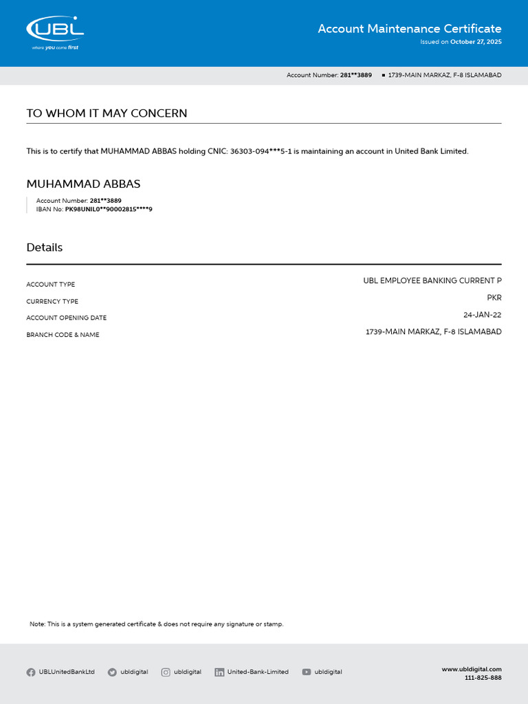 Account Maintenance Certificate - Muhammad Abbas | PDF