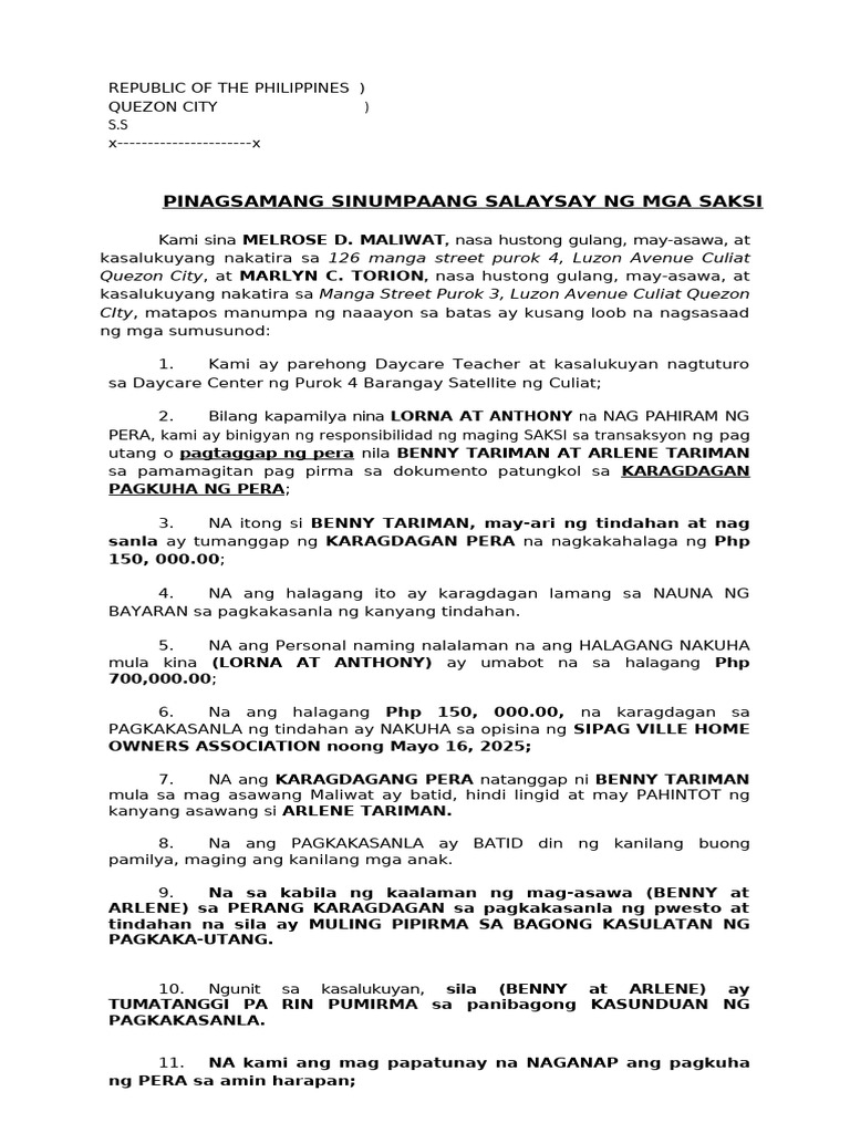 Sunumpaang Salaysay NG Saksi (Lorna) Revise | PDF