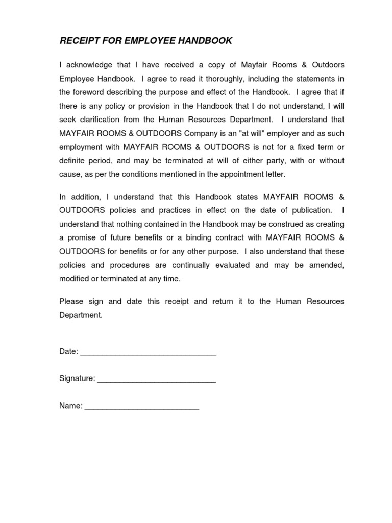 Receipt For Employee Handbook | PDF | Equal Opportunity | Employment