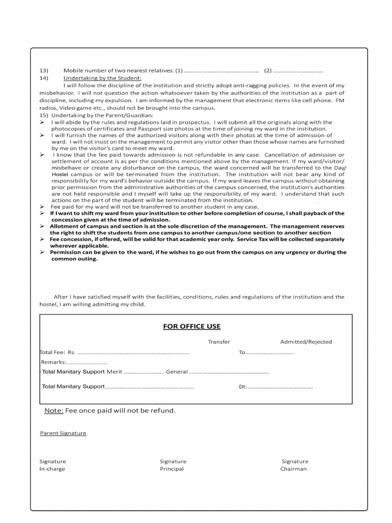 Admission Form Back | PDF