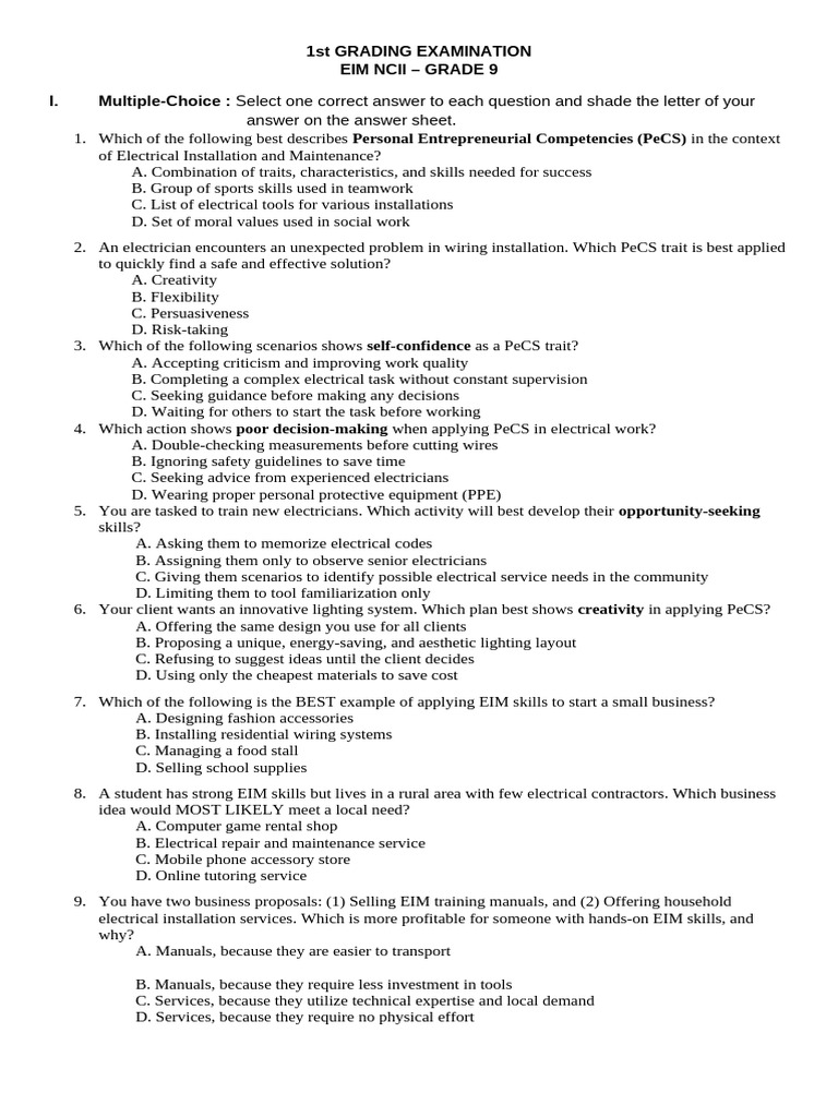 Grade 9 EIM NCII Exam Questions | PDF | Screw | Electrical Wiring