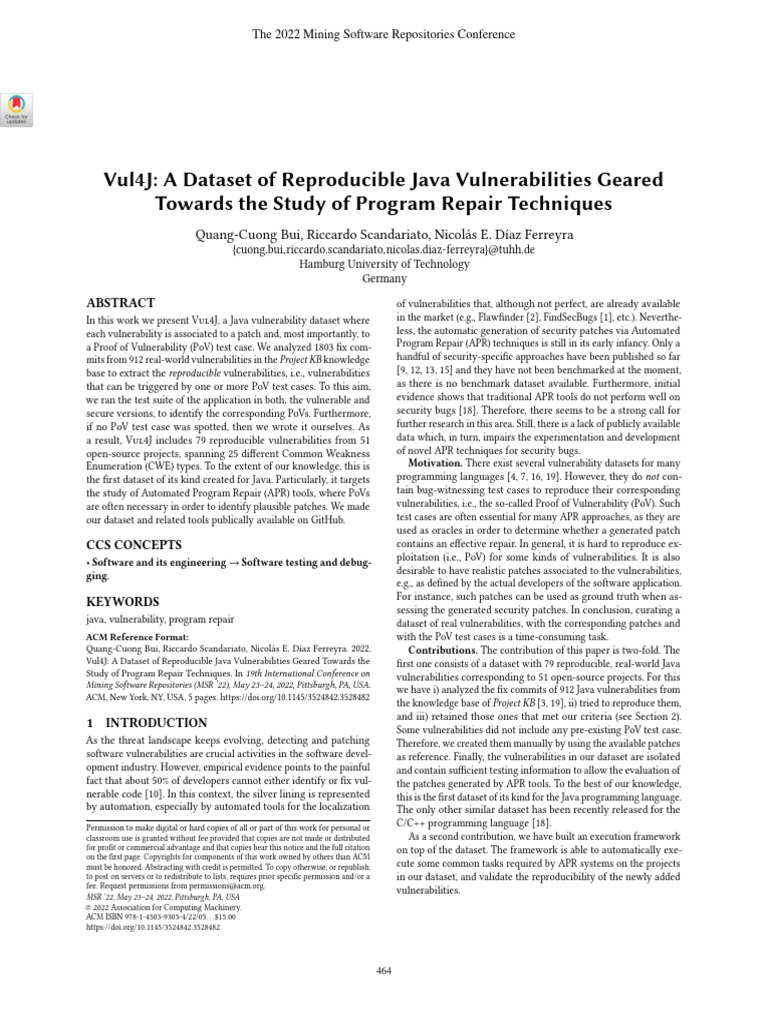 2022 - Vul4J - A Dataset of Reproducible Java Vulnerabilities Geared ...