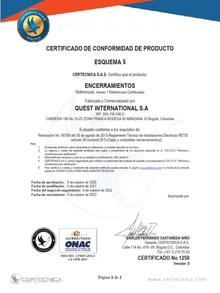 Certificado RETIE Cerramientos | PDF