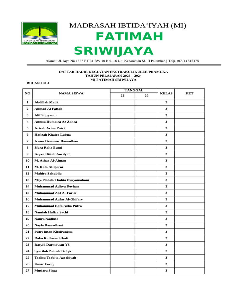 Daftar Hadir Pramuka MI Fatimah 2023 | PDF