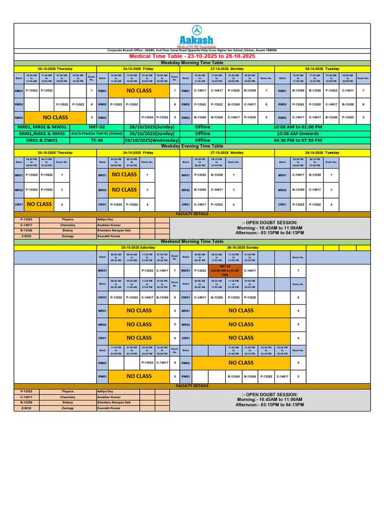 Medical Time Table 23-10-2025 To 28-10-2025 | PDF | Workweek And Weekend