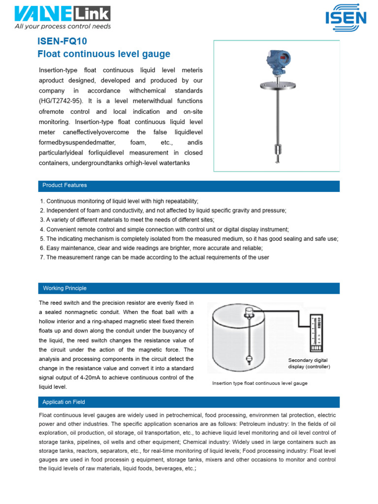 ISEN-FQ10 Float Level Gauge Overview | PDF | Water | Liquids