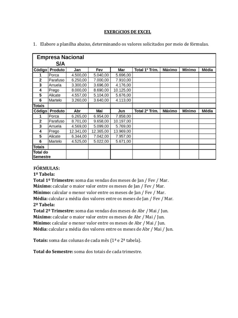 Exercícios Resolvidos de Excel | PDF