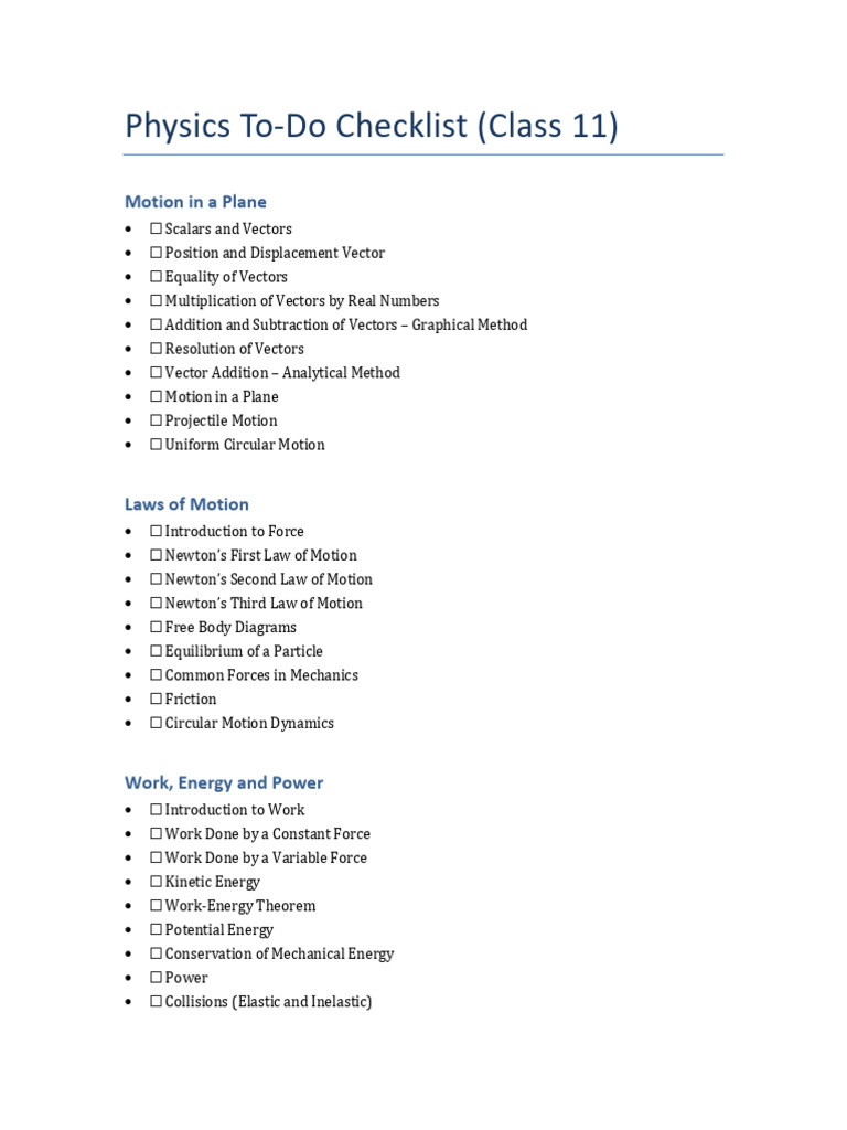 Class 11 Physics To-Do Checklist | PDF