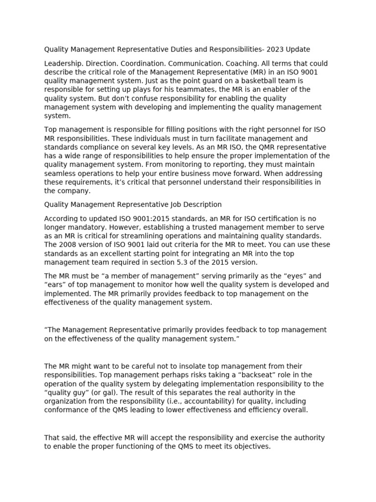 Quality Management Representative Duties and Responsibilities | PDF ...