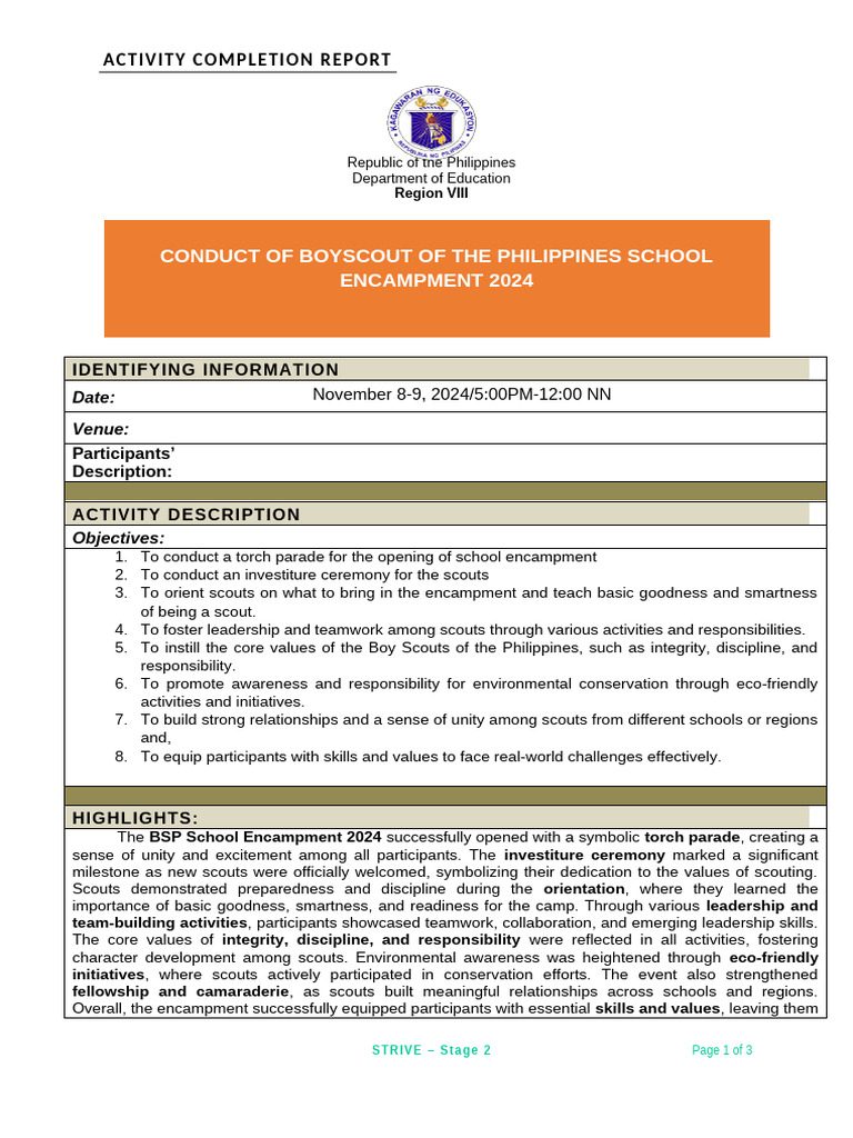 BSP School Encampment 2024 Report | PDF | Team Building | Leadership