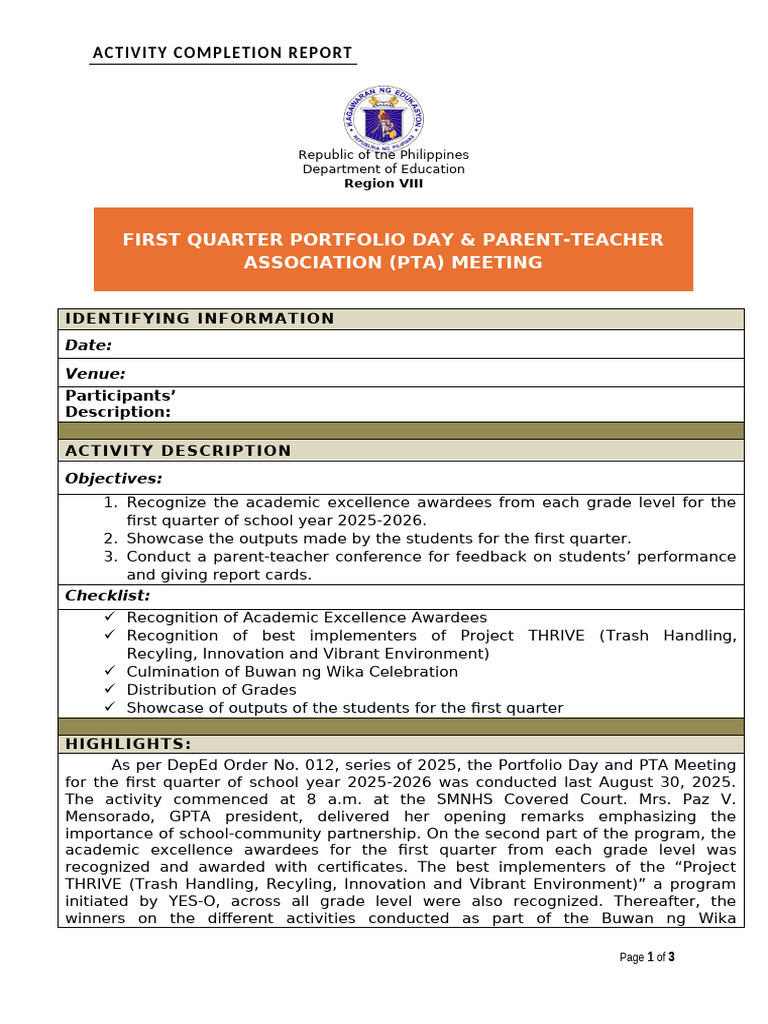 First Quarter PTA Meeting Report 2025 | PDF | Education Theory ...
