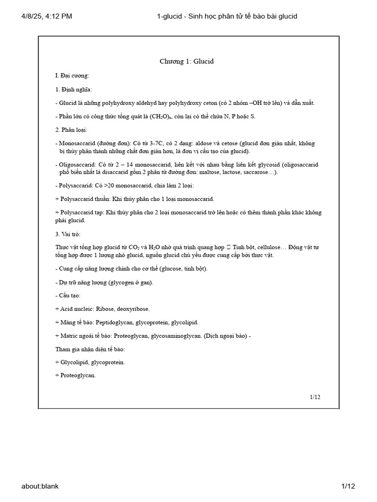 1-glucid - Sinh học phân tử tế bào bài glucid | PDF