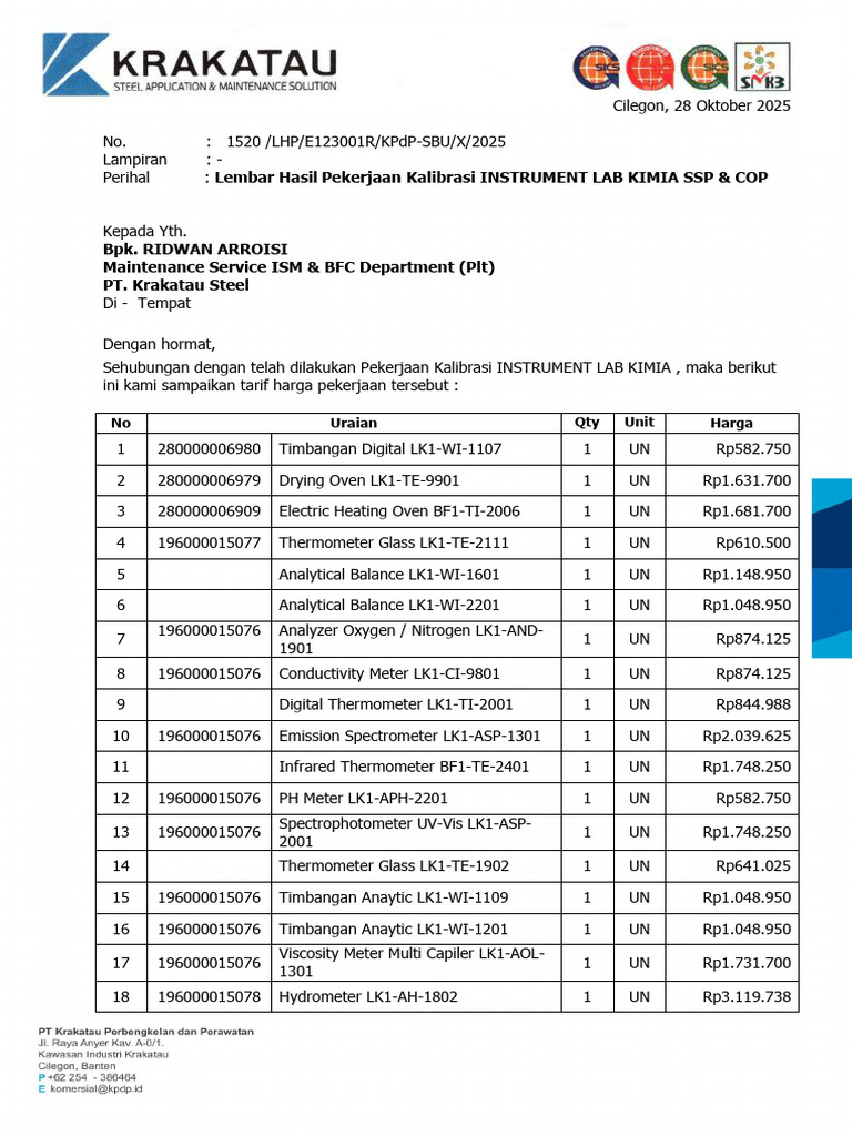 Kalibrasi Alat Lab Kimia PT Krakatau Steel | PDF
