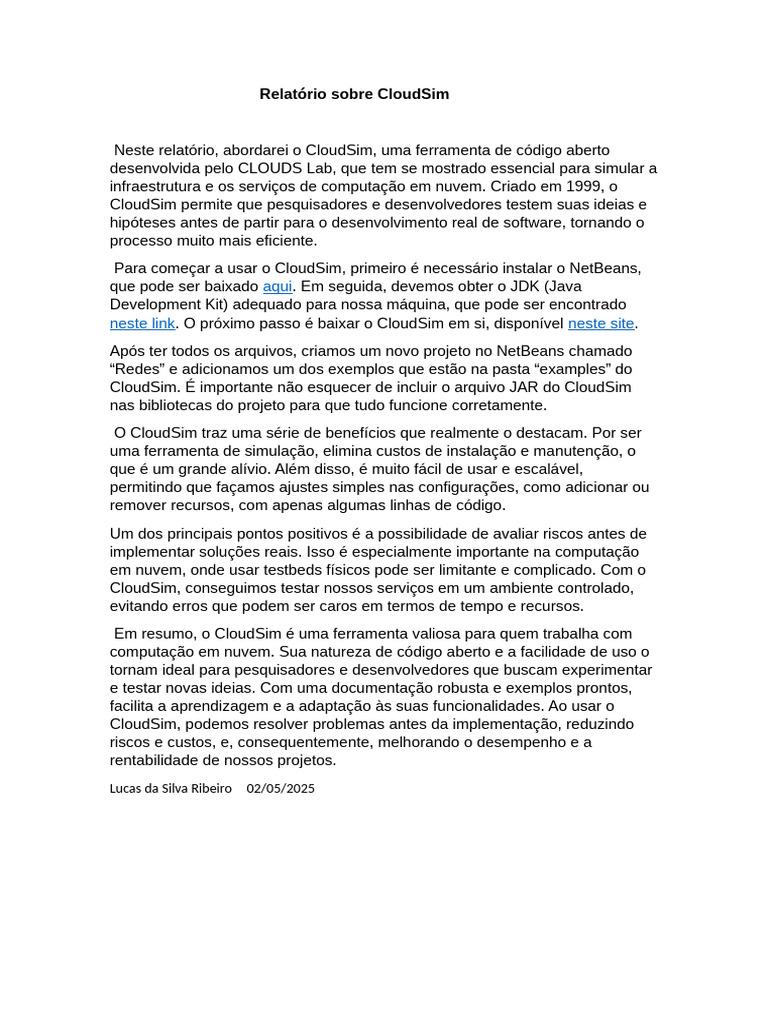 Relatório Sobre CloudSim | PDF