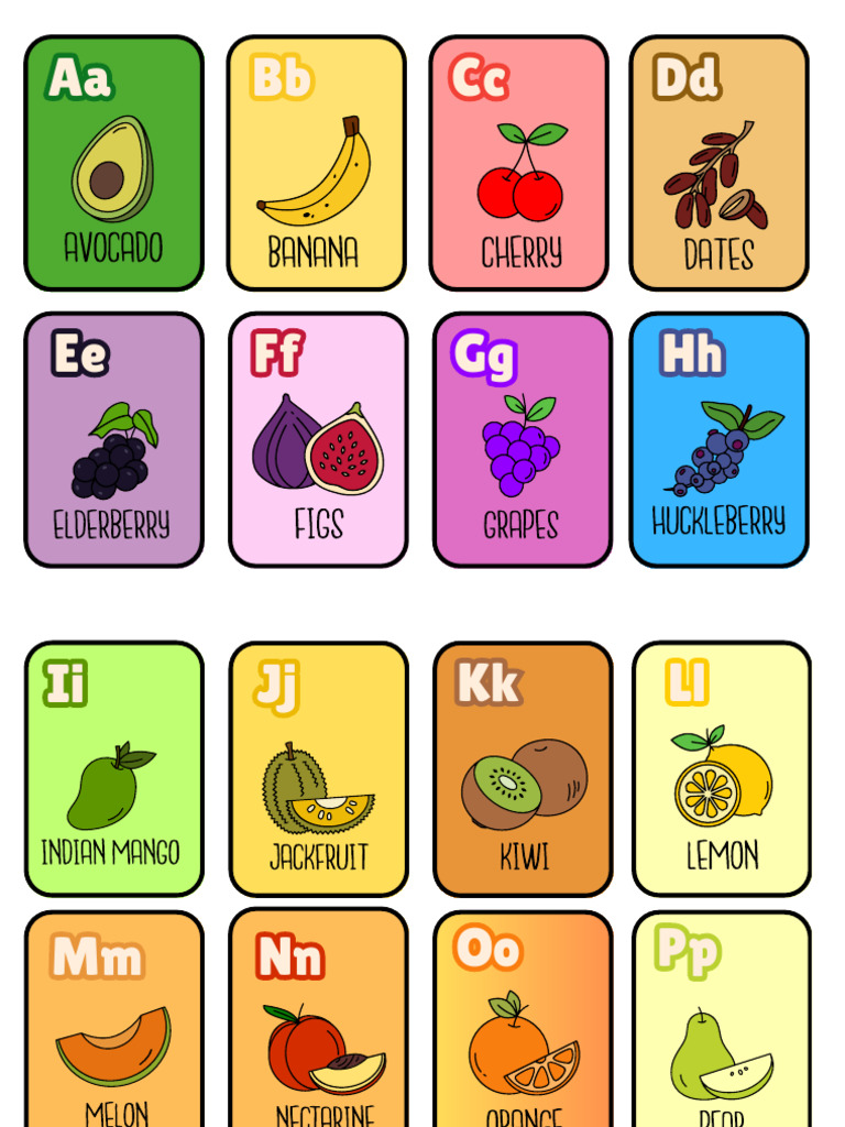 Colourful and Simple Alphabet Fruits and Vegetables Flashcards Activity ...