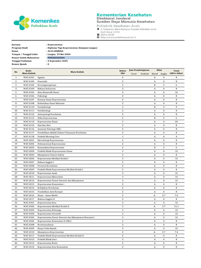 Format Transkrip Nilai 2025 - Oke | PDF