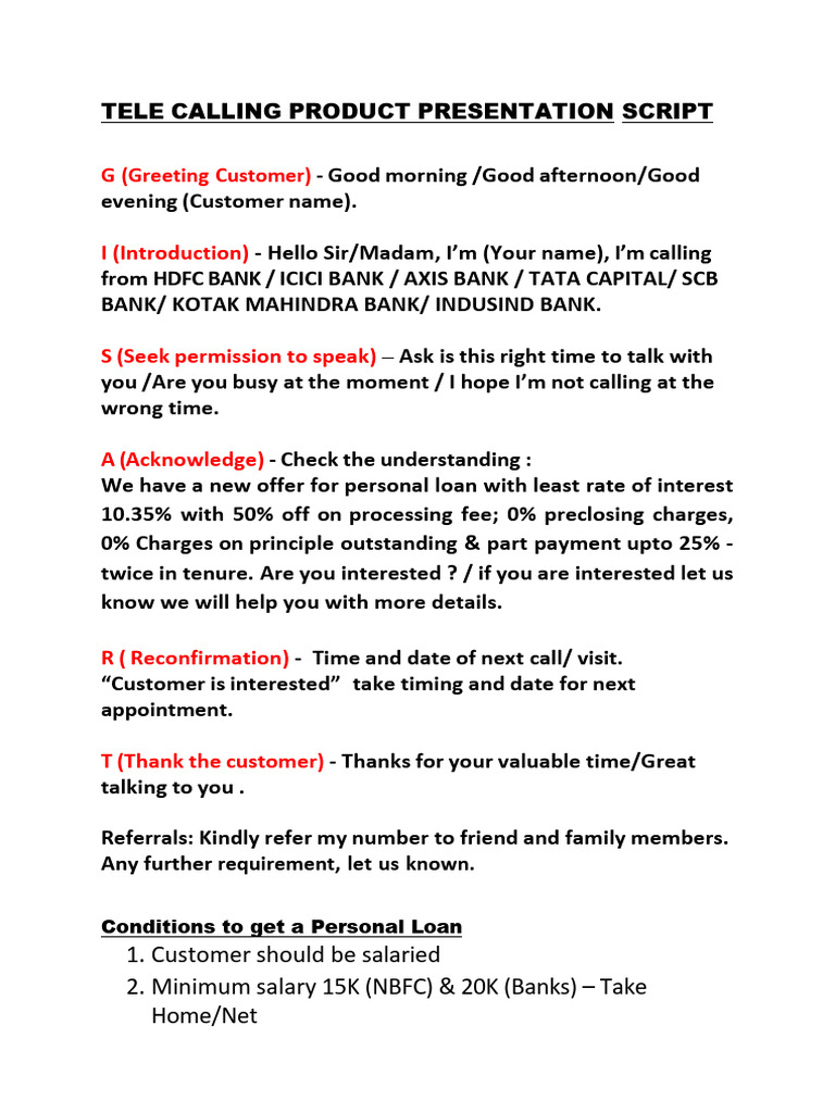 Personal Loan Telecalling Script Guide | PDF | Loans | Unsecured Debt
